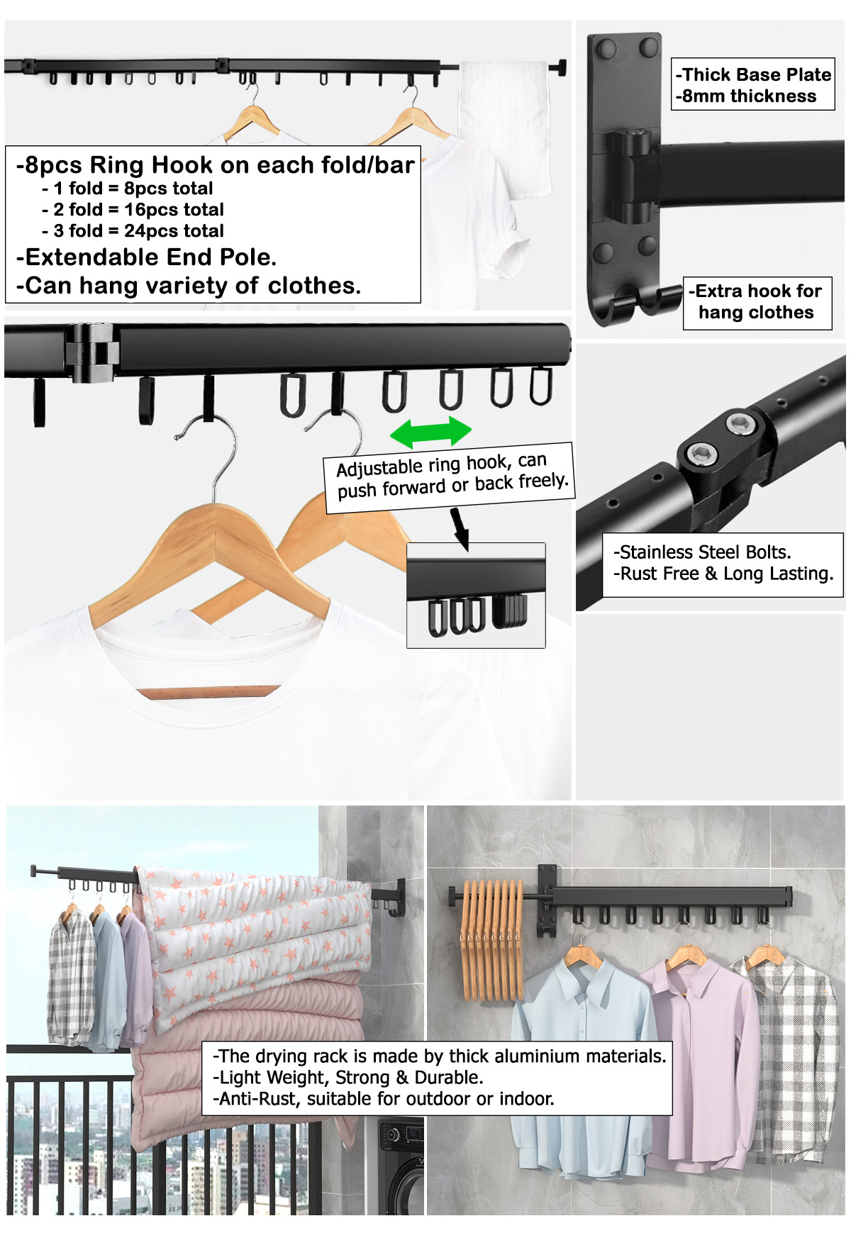(Standard) Wall Mounted Retractable Foldable Clothes Drying Rack Hanger ...