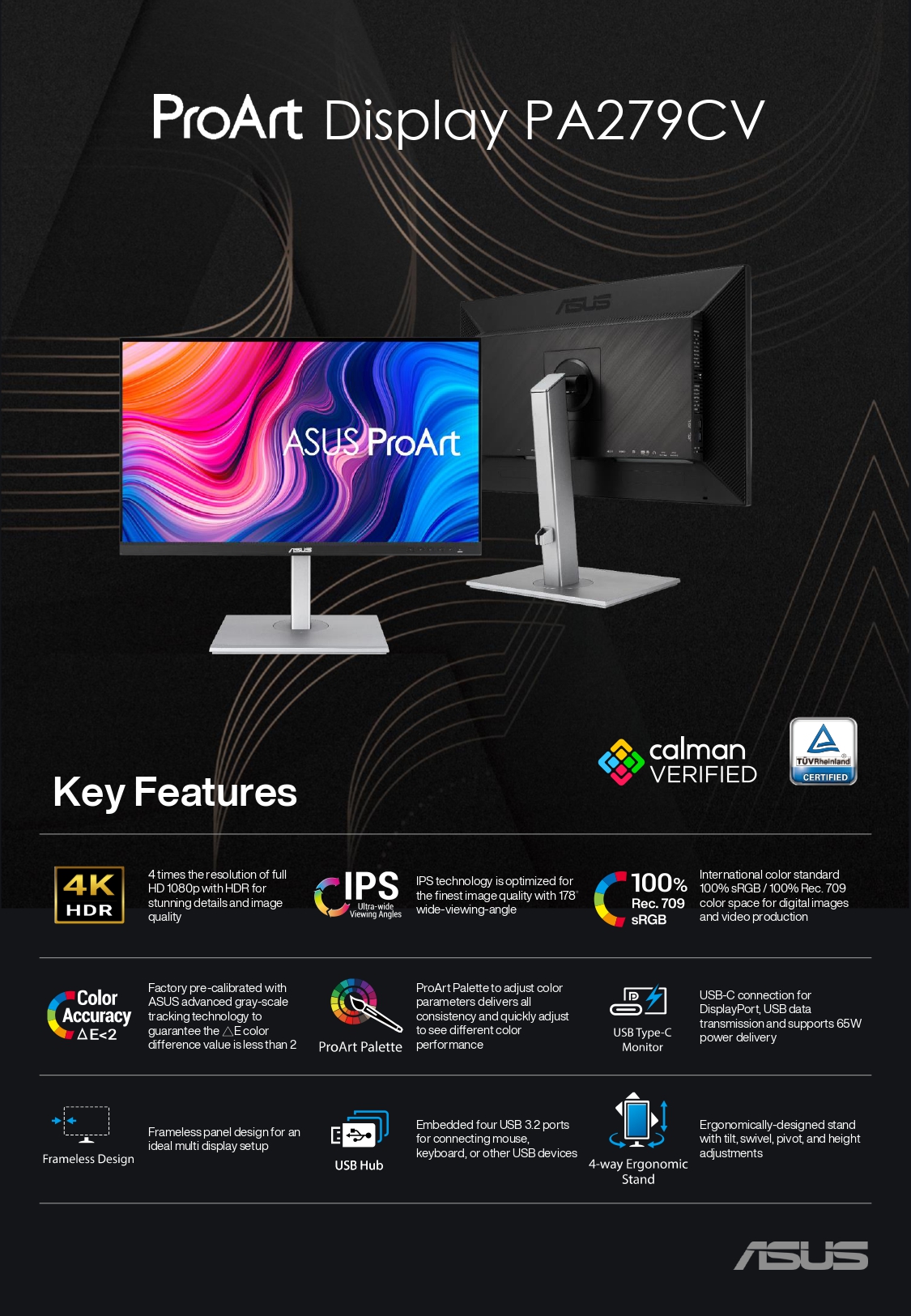 ASUS PROART PA279CV 27" IPS UHD 100% SRGB HDR10 /PA279CRV 27" IPS UHD ...
