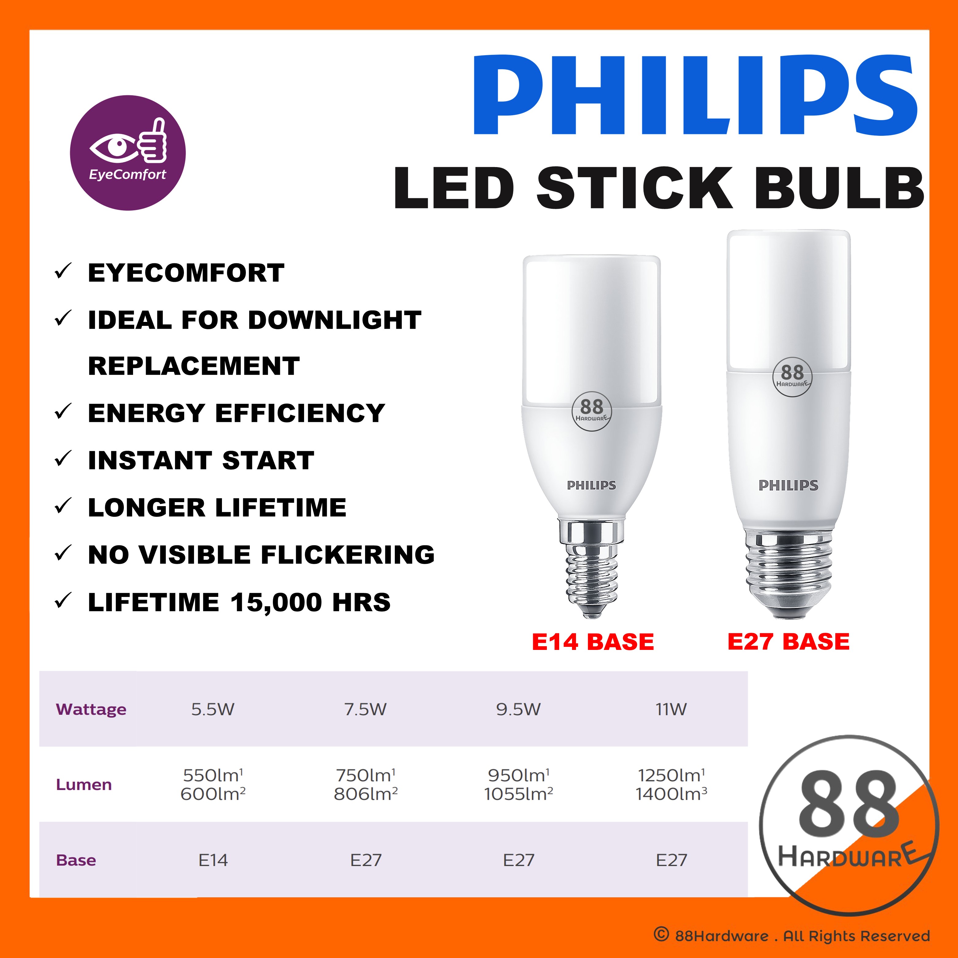 【100%ORI】PHILIPS 5W/7W/9W/11W/13W / E27 / E14 / ESSENTIAL LED BULB/STICK BULB/PLC 2 PIN BULB ...