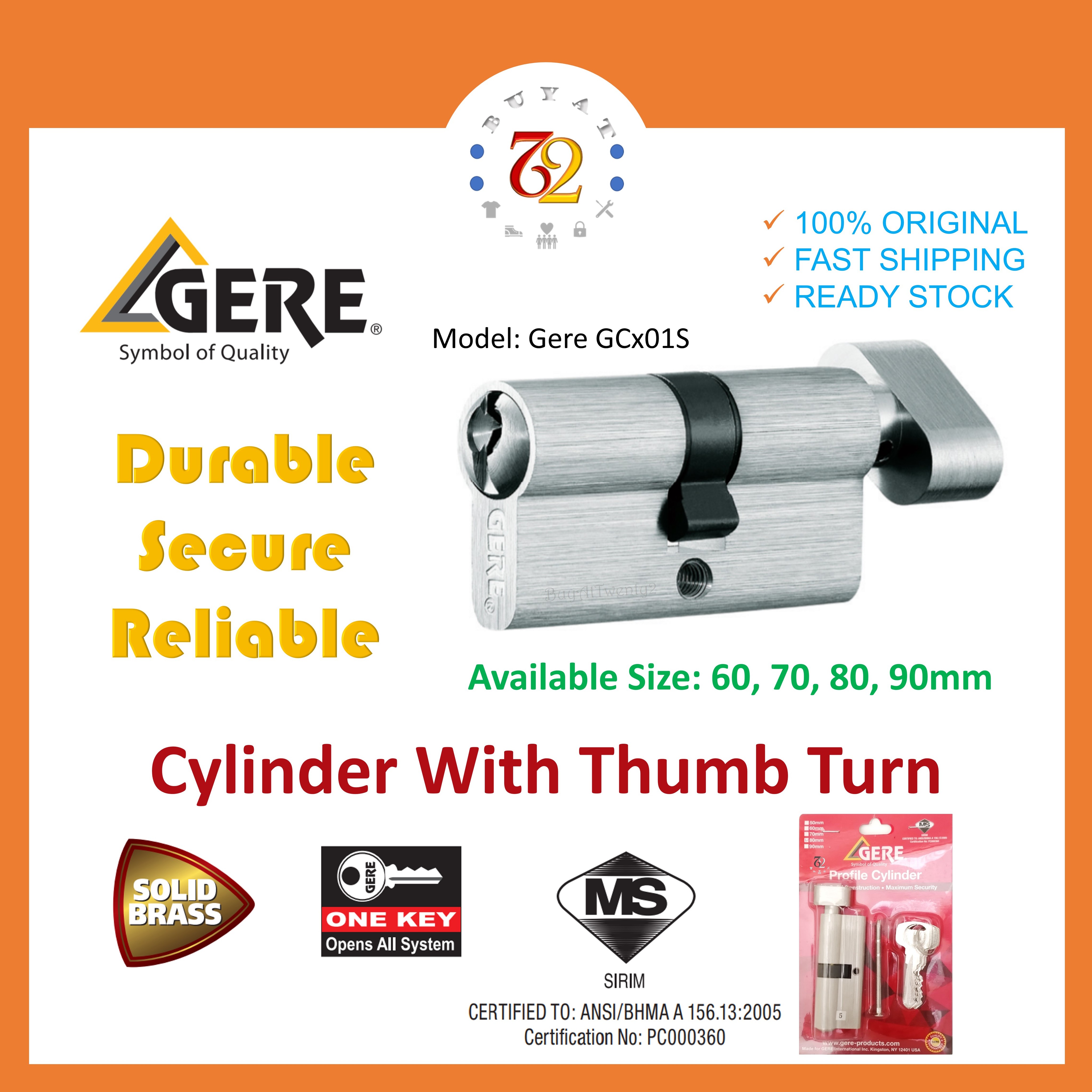 Gere 60mm to 90mm Cylinder With Thumb Turn | Shopee Malaysia
