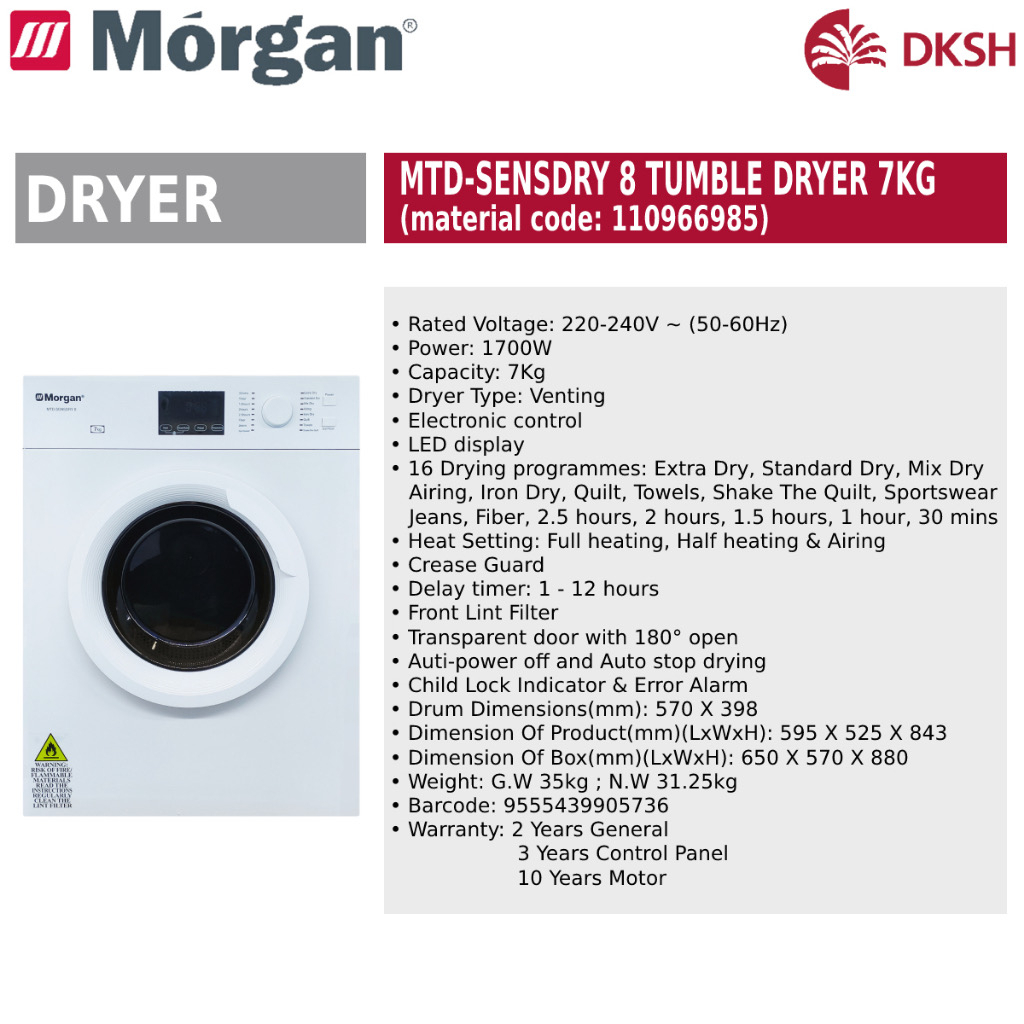MORGAN DRYER MTD-SENSDRY 8 TUMBLE DRYER 7KG - VENTING TYPE | Shopee ...