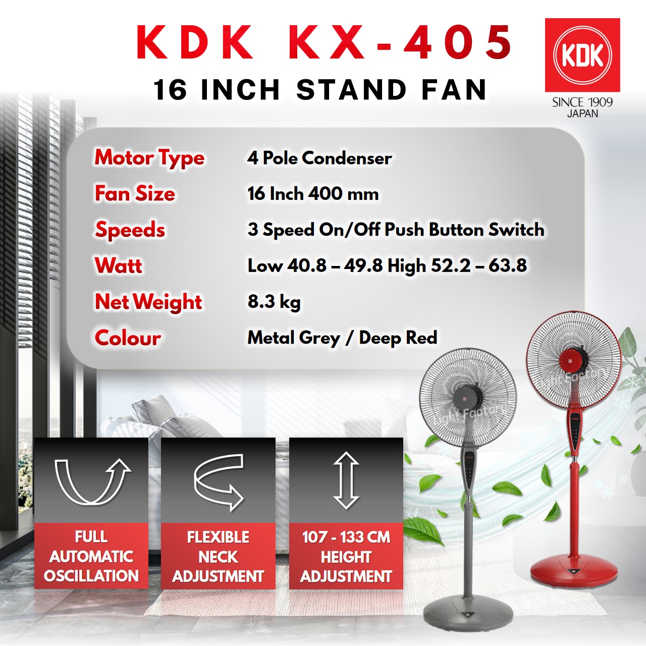 【READY STOCK】KDK 16" Stand Fan KX405 Metal Grey / Deep Red Floor Fan ...