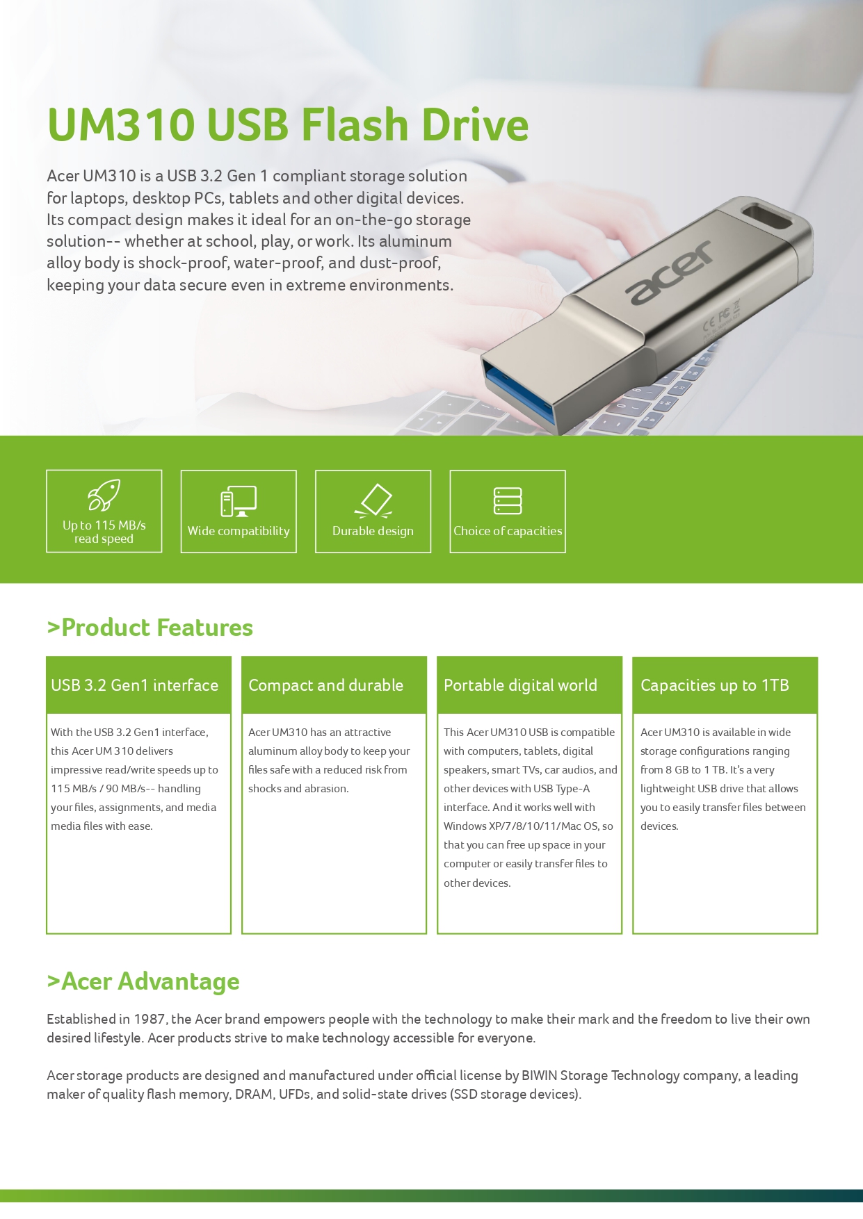 ACER UM310 SuperSpeed USB 3.2 Gen 1 Flash Drive ( 256GB / 512GB / 1TB ...