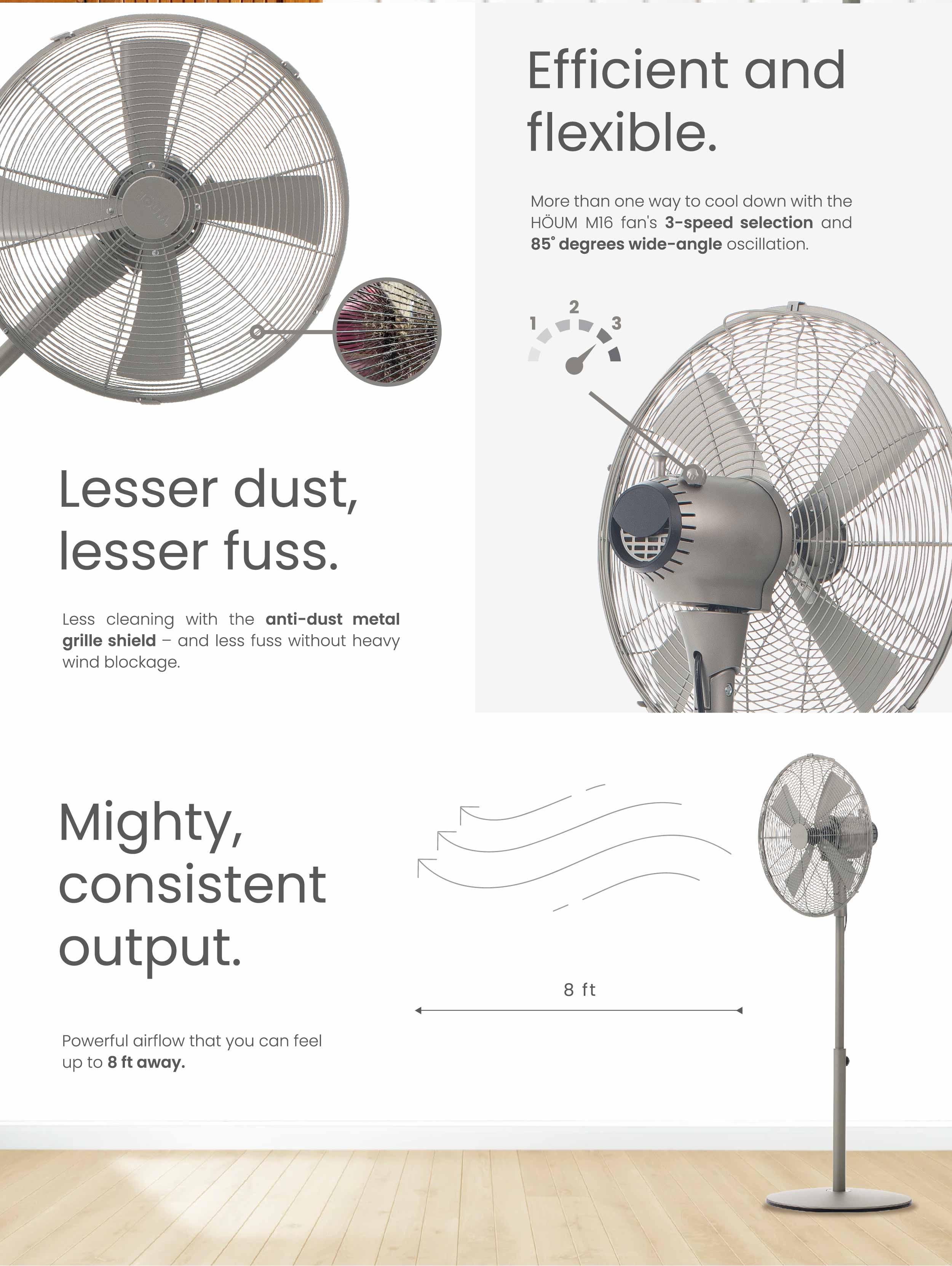 HOUM M16 Stand Fan 3 Speeds Metal Blades Strong Wind 16" Inch Matt ...