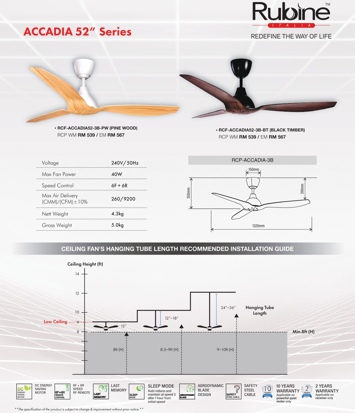 Rubine ACCADIA Series Remote Control DC Ceiling Fan / 52 Inch / 3 ...