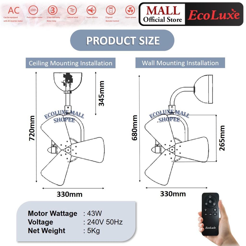 ECOLUXE ECO-388 16" Mini Fan AC Motor with 3 Speeds Remote Control ...