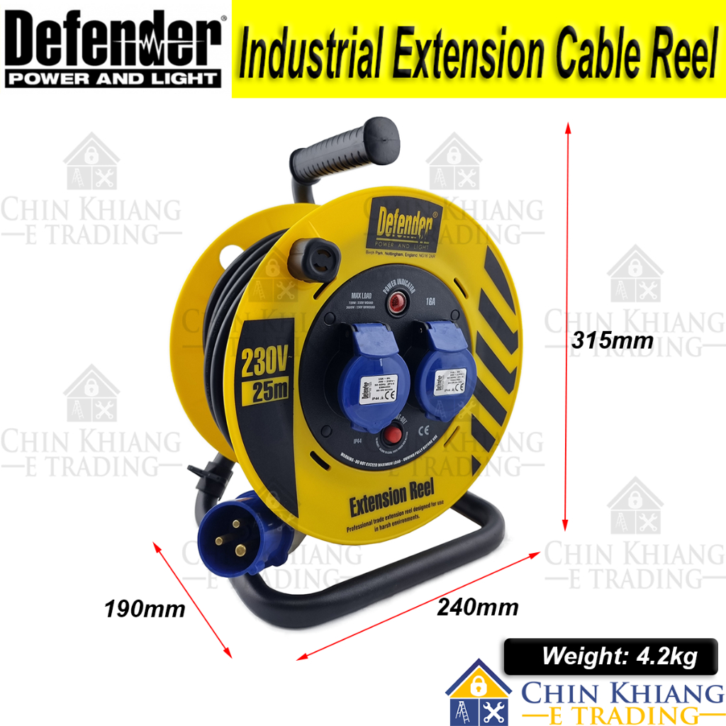 Defender 25M 2-Way Industrial Extension Wire Cable Reel 230V 16A E86475 ...