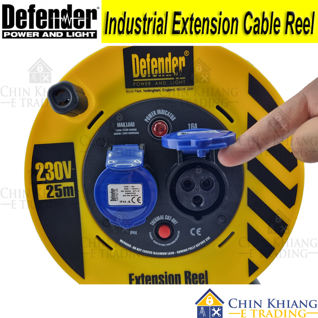 Defender 25M 2-Way Industrial Extension Wire Cable Reel 230V 16A E86475 ...
