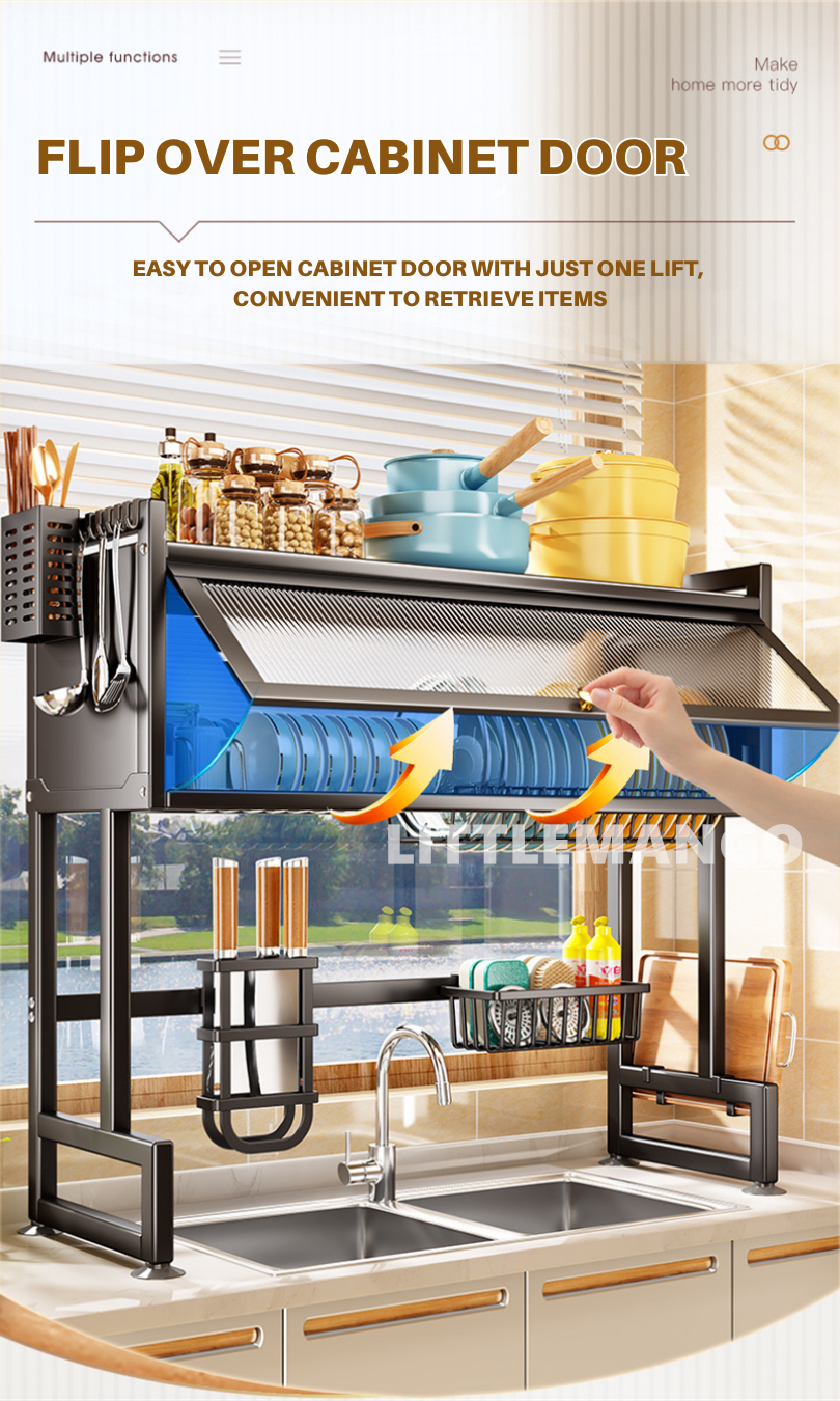 Stainless Steel Rack Dish Rack With Cover Kabinet Dapur Rak Pinggan ...