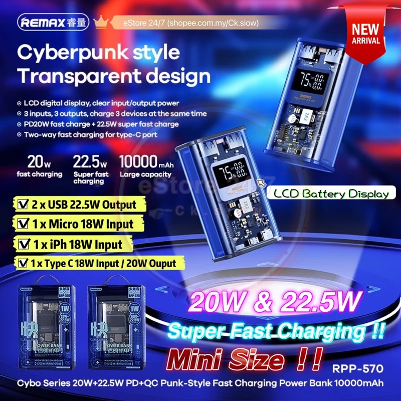 Remax RPP 570 Cybo Series 20W 22.5W PD QC 10000mAh Super Fast Charging ...