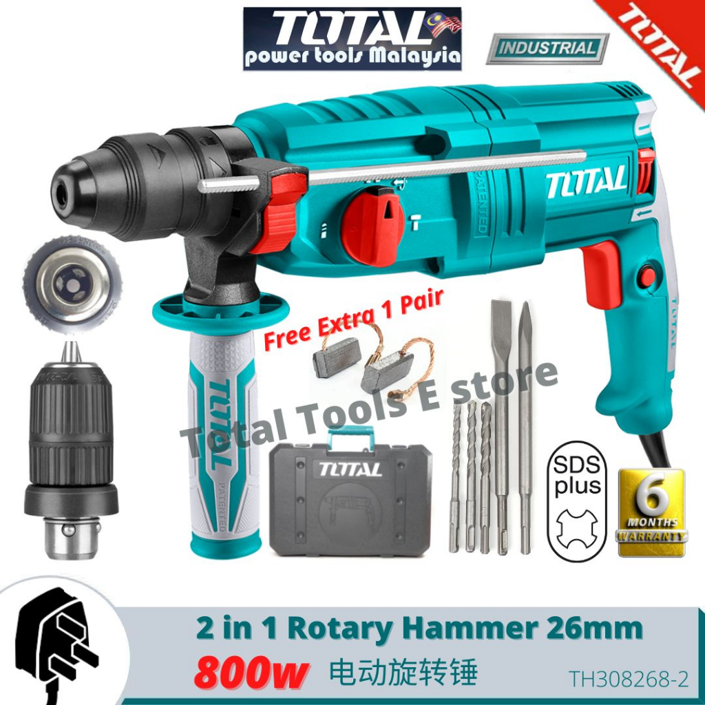 TOTAL Rotary Hammer + FREE 5 pcs Accessories + Keyless Chuck (800W ...