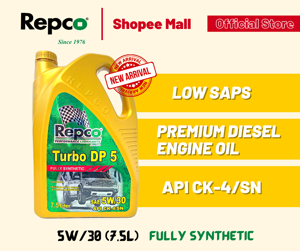 Repco® TURBO DP5 5W/30 (7.5L) API CK-4/SN + ACEA E7/E9 Fully Synthetic Diesel Engine Oil (Low ...