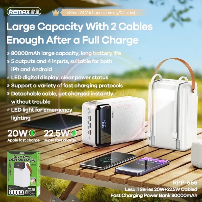 Remax RPP 565 566 22.5W PD QC 3.0 VOOC 20W 60000mah 80000mAh Powerbank Build In Cable Type C L ...