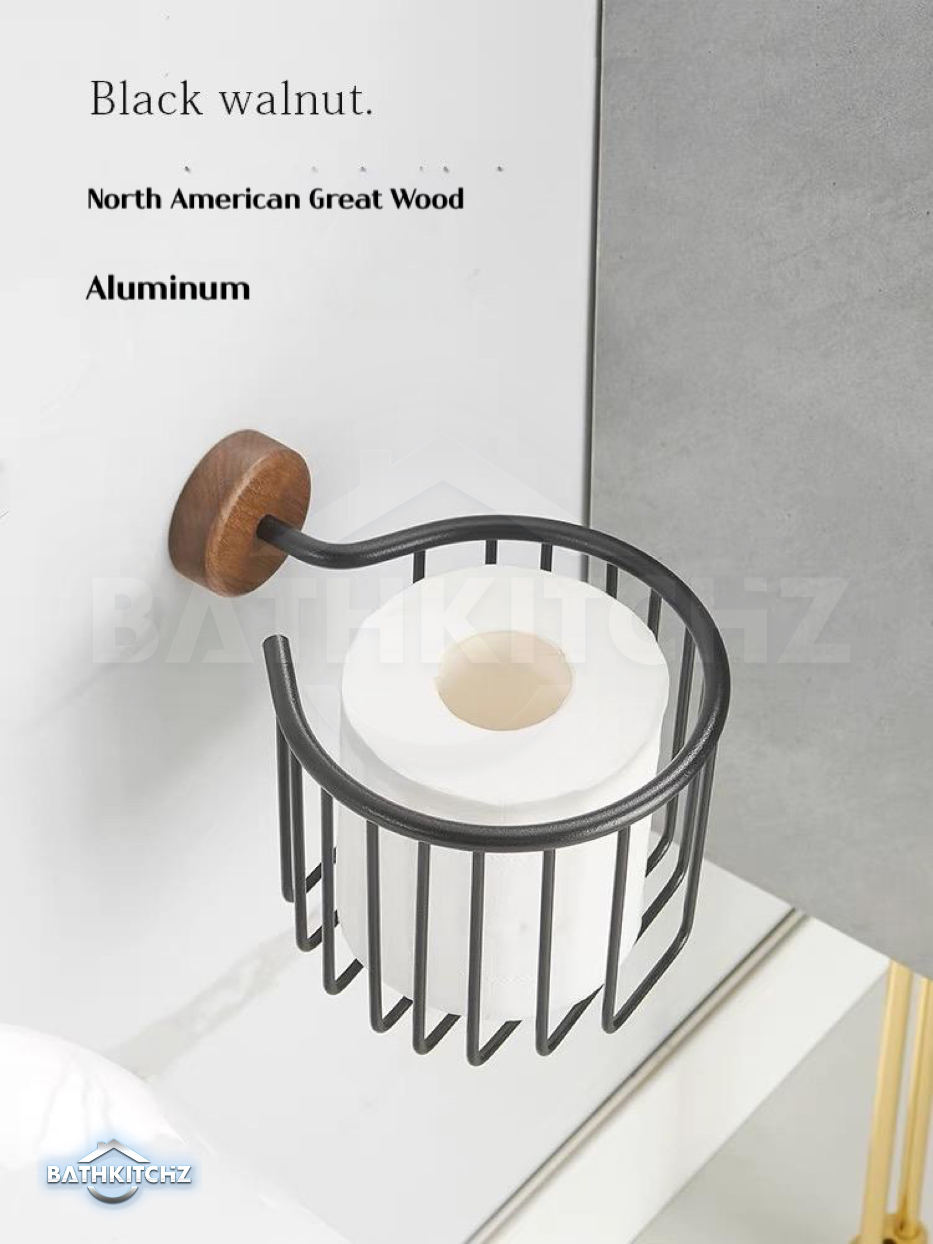 BATHKITCHZ Wooden Toilet Paper Holder Punch Free Wood Tissue Rack ...