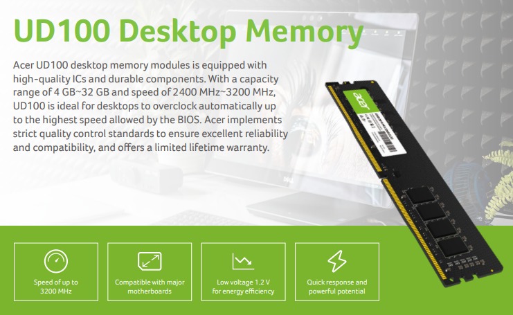 Acer UD100 DDR4 8GB 16GB 32GB 2666MHz 3200MHz CL22 U-DIMM Desktop ...