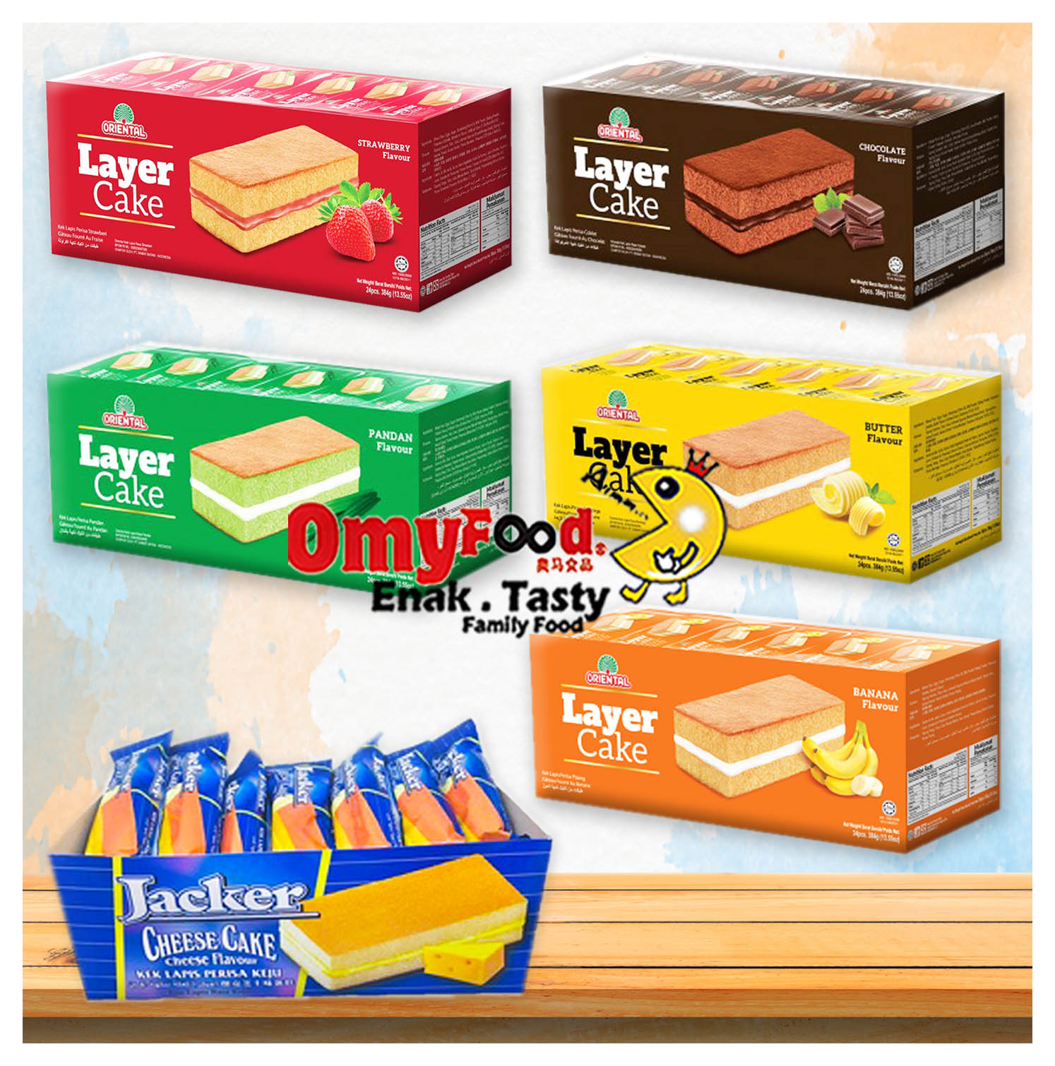 384g (24pcs) Oriental Layer Cake [Strawberry/ Pandan/Chocolate/Banana/Butter] Jacker [Cheese ...