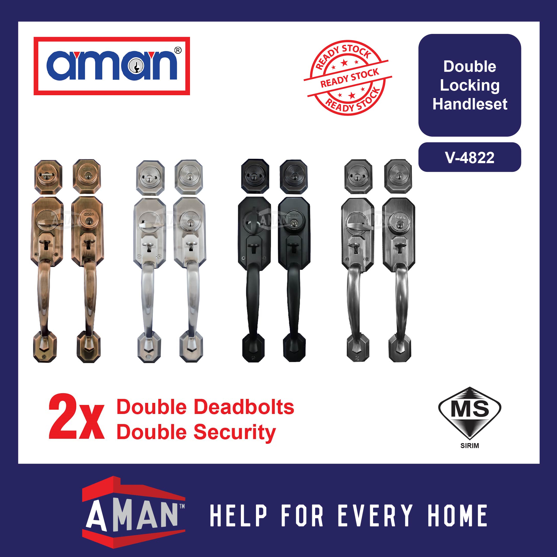 AMAN Double Deadbolt Double Locking Entrance Handleset Main Door Lock ...