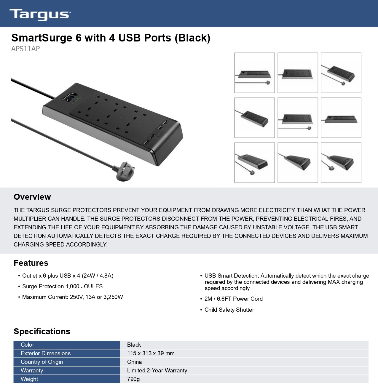 TARGUS APS10AP-70 APS11AP-70 Surge Protector with 4 / 6 Surge, 4 USB ...