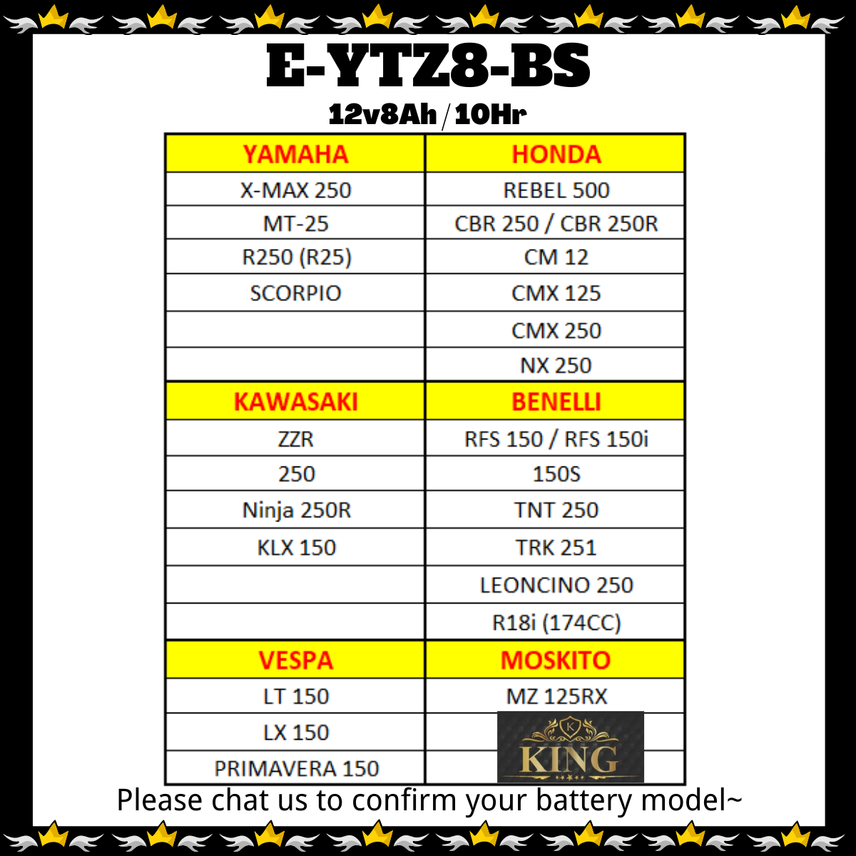 [READY STOCK] KING MF BATTERY MOTORSIKAL BATERI E-YTZ8-BS YTZ8 YAMAHA X-MAX250/MT25/R25 KAWASAKI ...