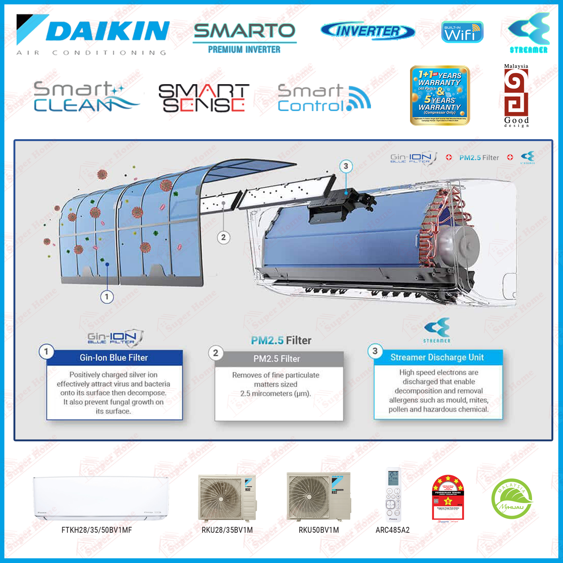 Daikin 1.5hp Smarto Premium Inverter Air conditioner FTKH35BV1MF ...