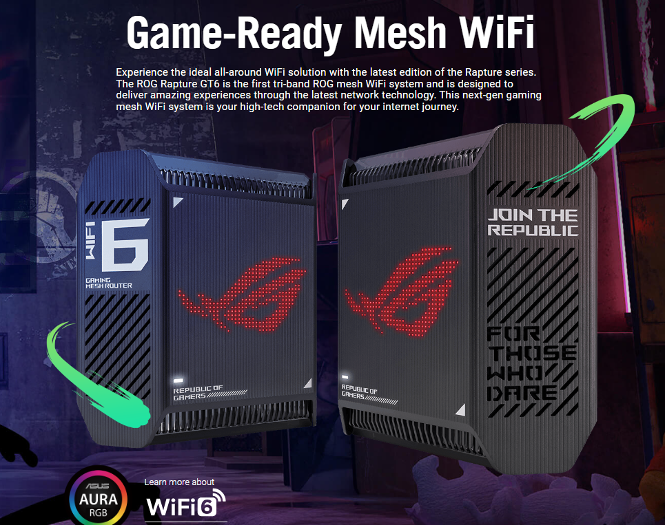 ASUS ROG RAPTURE GT6 AX10000 WIFI TRI-BAND WIFI-6 MESH WIFI SYSTEM 2.5 ...