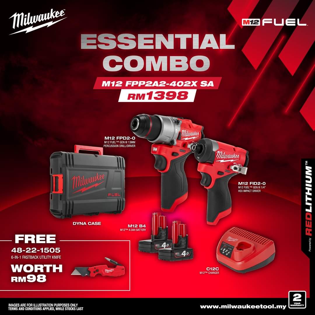 Milwaukee FPP2A2-402X M12 Essential Combo ( FPD2 M12 Percussion Drill ...