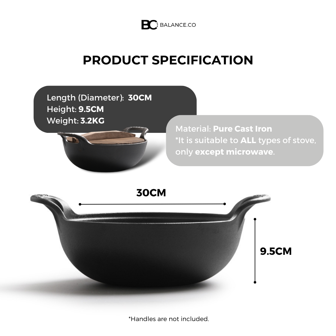 Balance.co Pure Cast Iron Ingot Wok with Wooden Lid Uncoated, Non-Stick ...