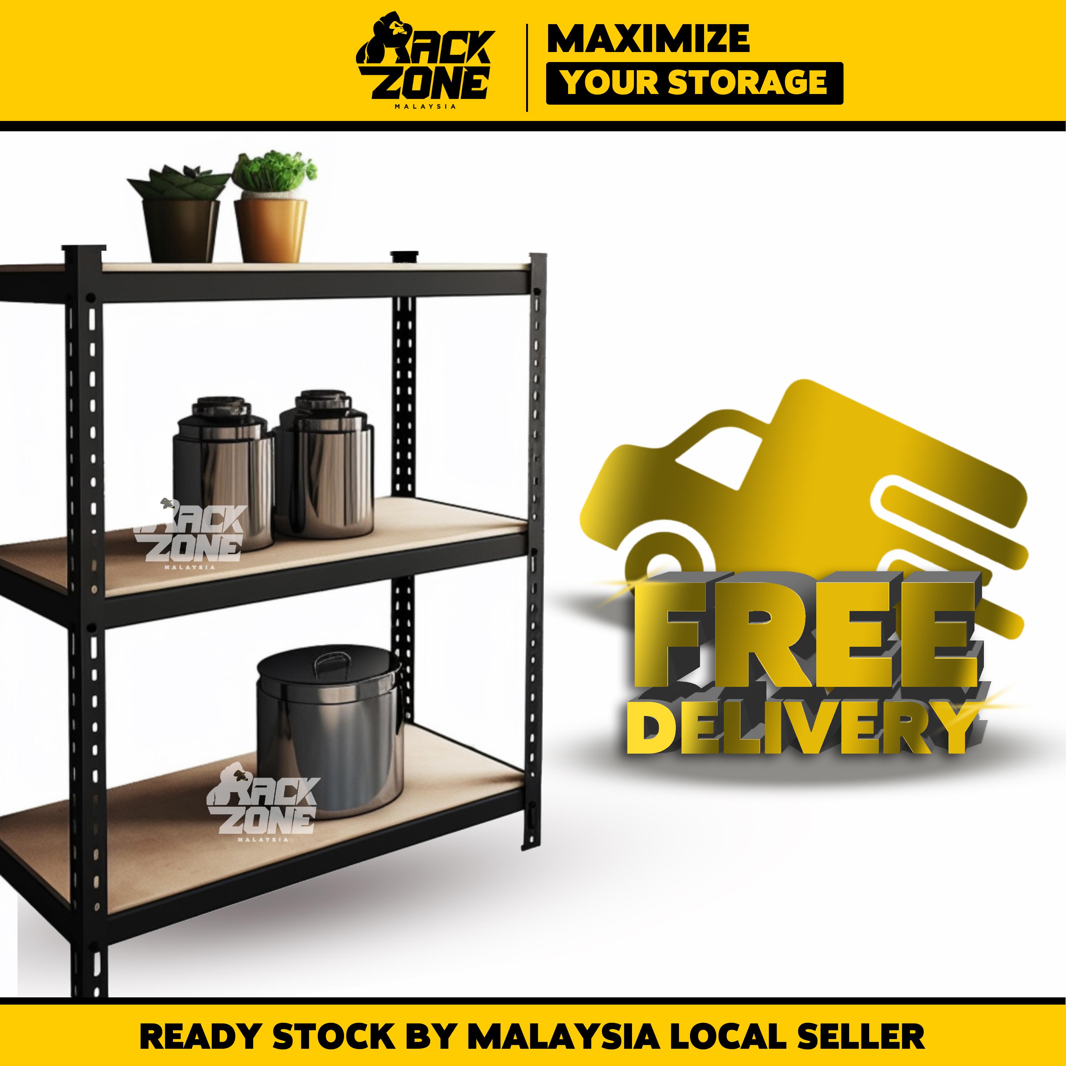 RACKZONE Black 3 Level Rak Boltless Rack Heavy Duty Rak Besi Bertingkat ...