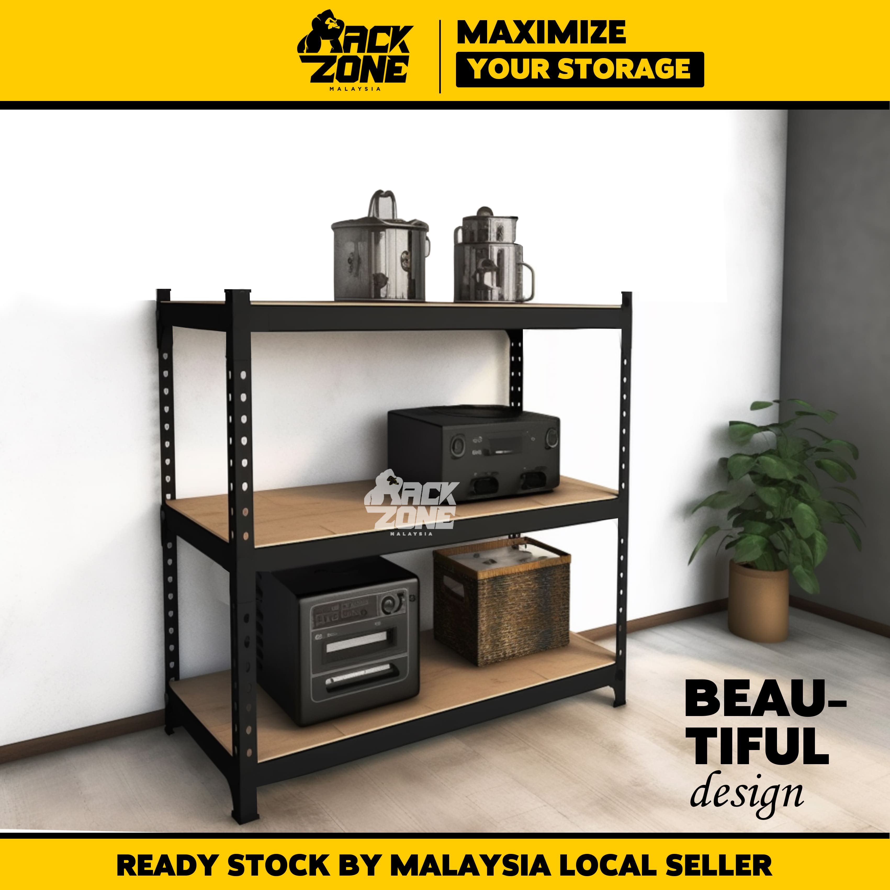 RACKZONE Black 3 Level Rak Boltless Rack Heavy Duty Rak Besi Bertingkat ...