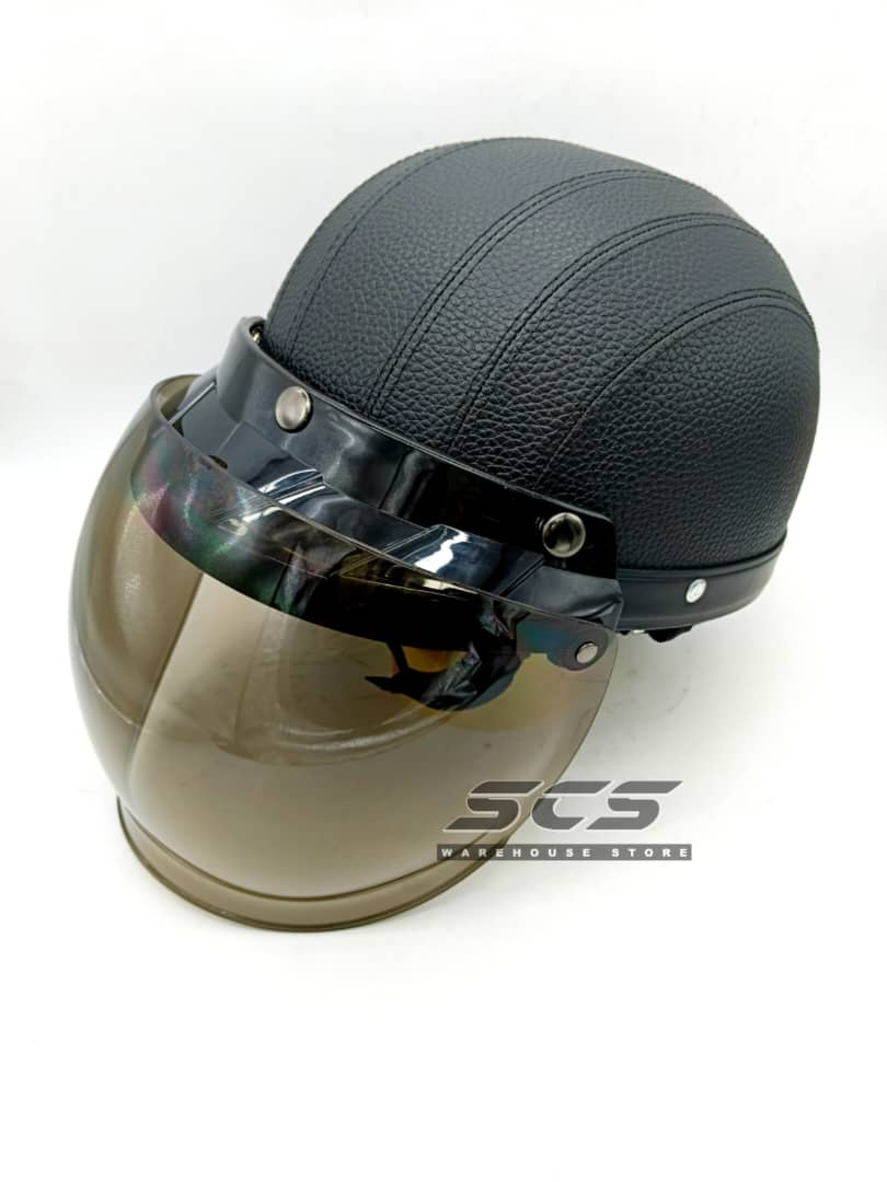 Design MHR 3 MATT BLACK Half Cut Leather Helmet Harley Helmet Retro Half Motorcycle Topi Keledar ...