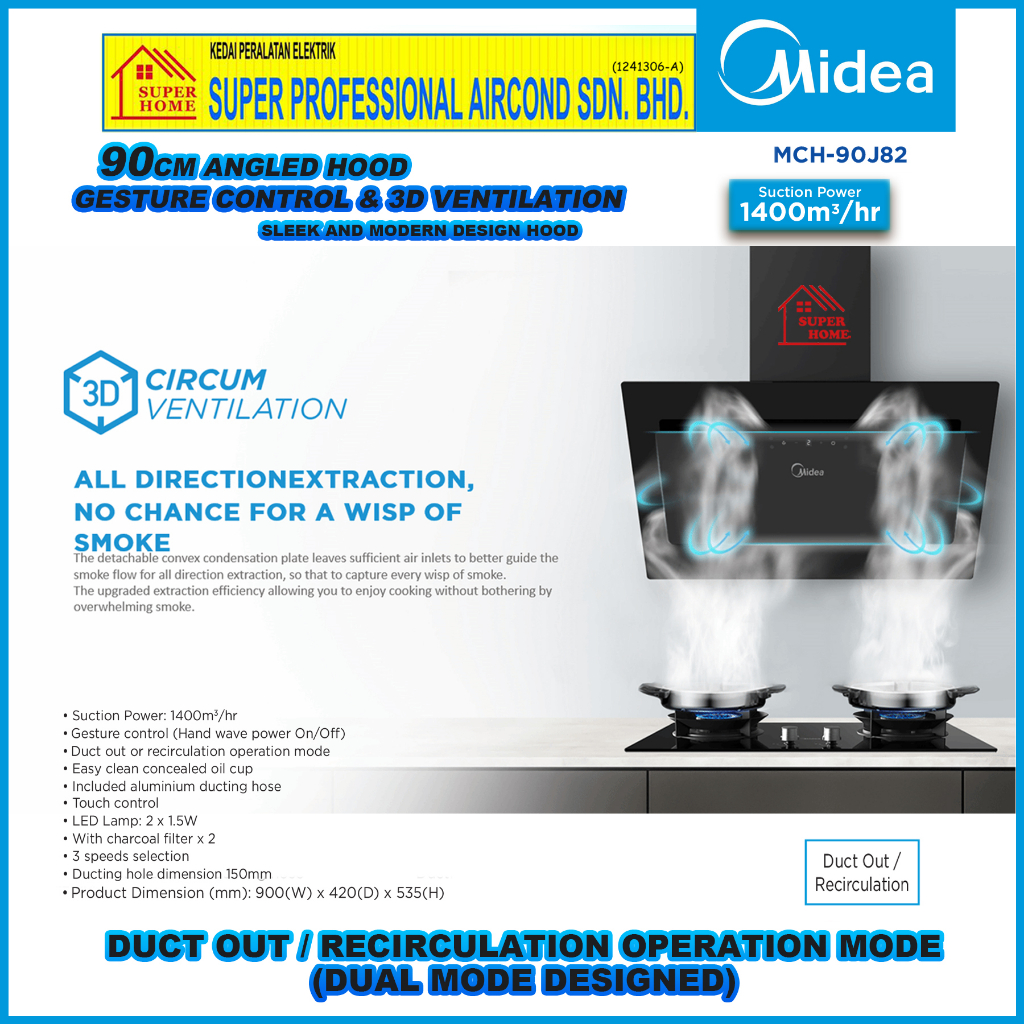 Midea Cooker Hood MCH-90J82 ((Dual Mode Duct Out / Recirculation)) Hand ...