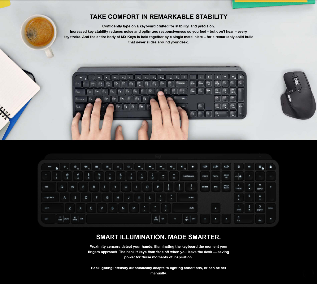 LOGITECH MX KEYS Wireless Keyboard with Dual Connectivity, 10m Range ...