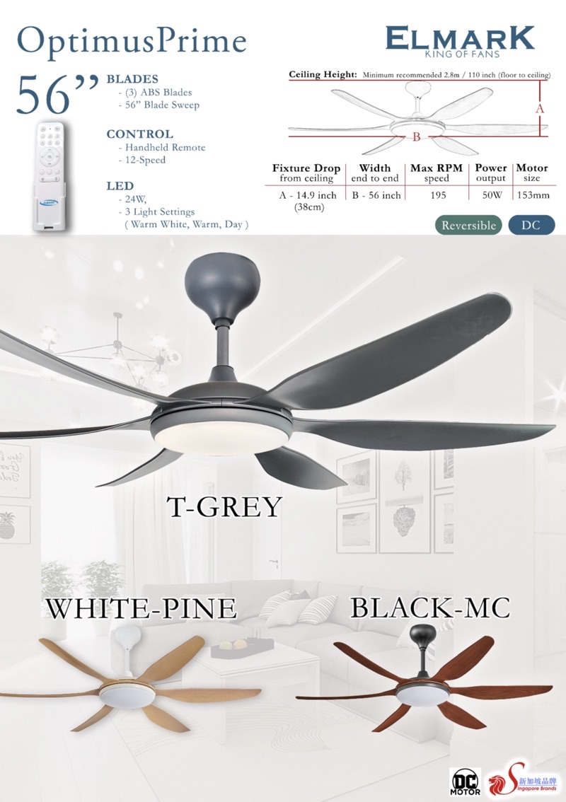Elmark Ceiling Fan Optimus Prime 56 inch Remote Control (DC Motor) 6 Blade Ceiling Fan With 24W ...