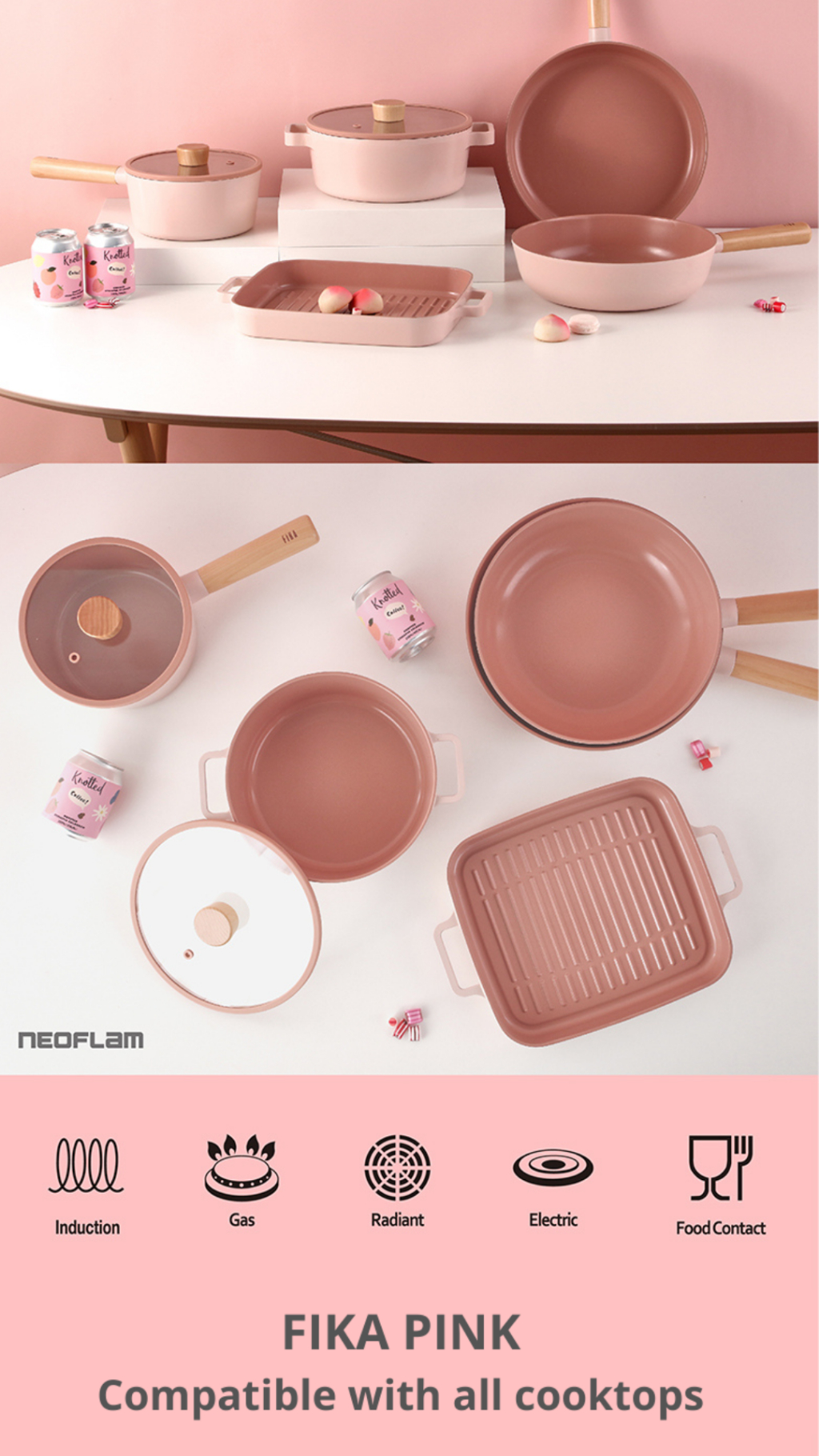 NEOFLAM FIKA PINK Non-stick Ceramic Coating 26cm Wok with Glass Lid ...