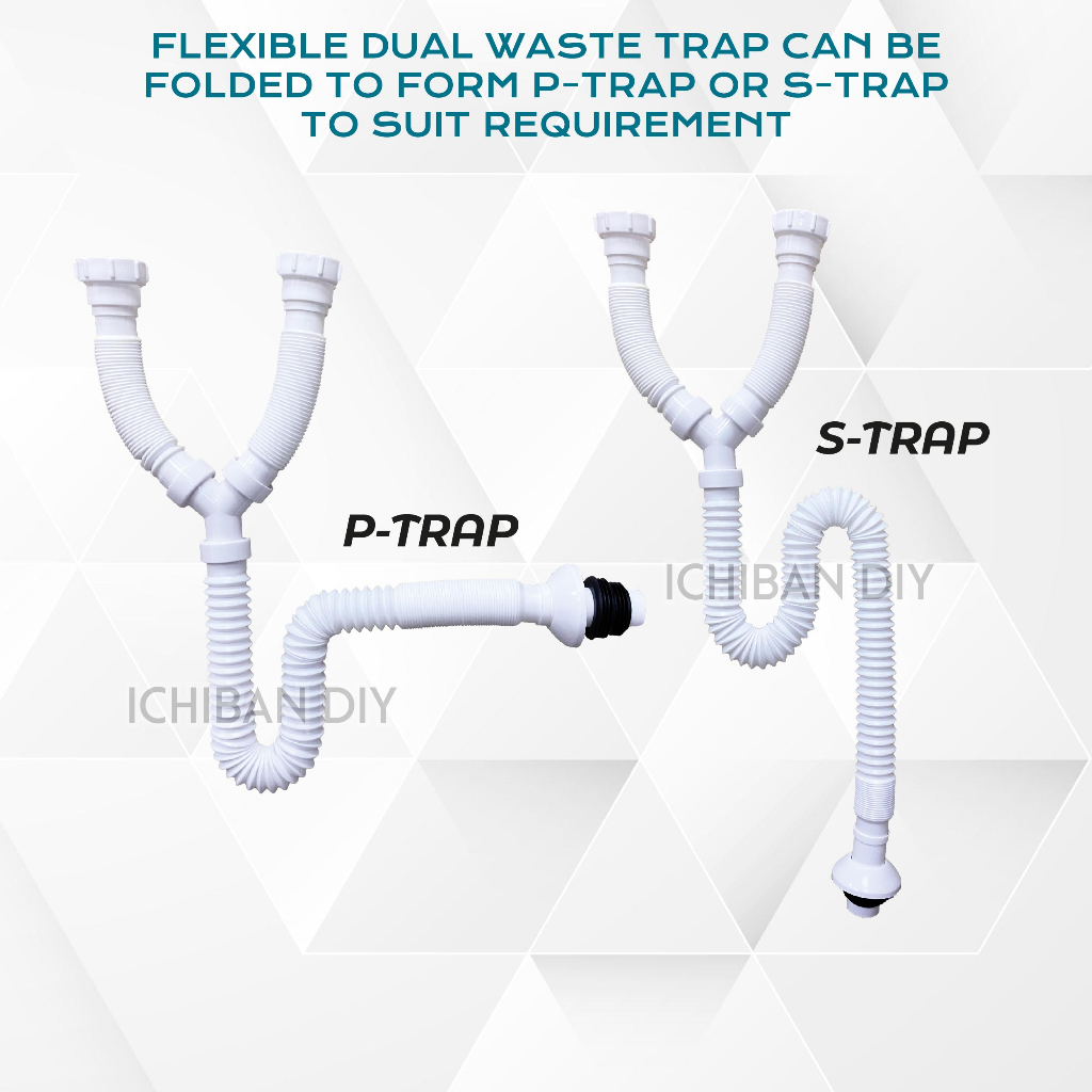 Dual Flexible Waste Trap Hose 1 1/2" Double Kitchen Sink Sewer Outlet ...
