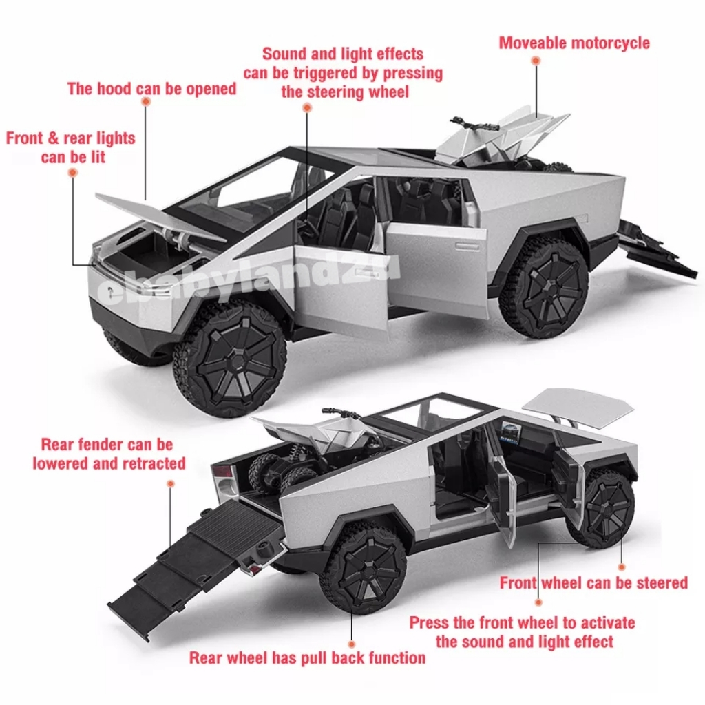 Die Cast Tesla Cybertruck Scale 1:24 Pull Back With Light And Sounds ...