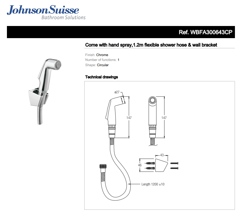 Johnson Suisse Hand Bidet Set Cw Hand Spray 12m Shower Hose ...