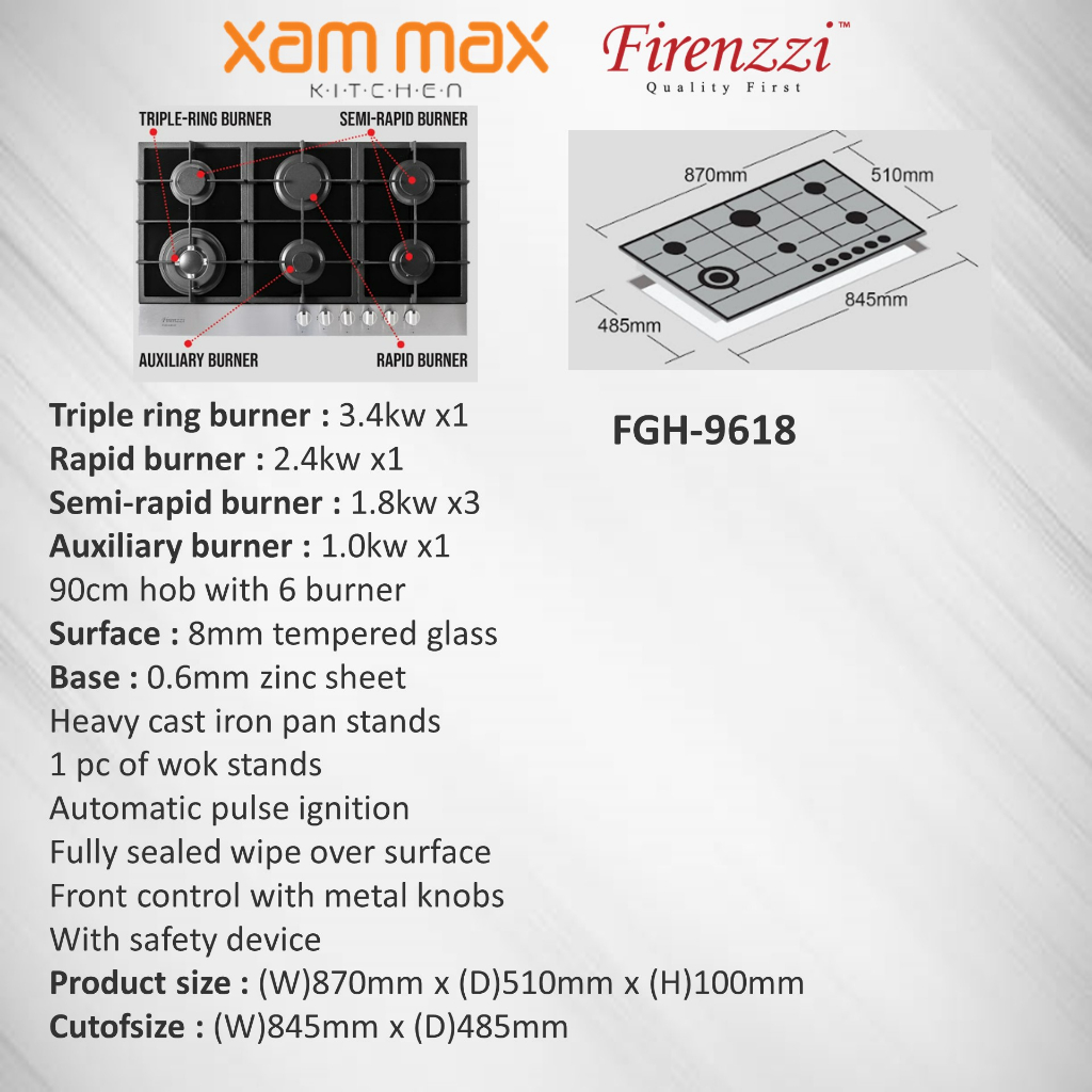 (Lowest price) Firenzzi - Stainless Steel Gas Hob / FH-9543/FGH-9522 ...