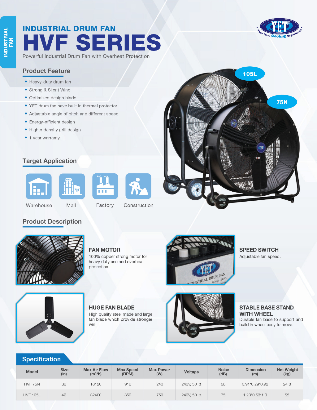 YET HVF75N Heavy Duty Powerful 30'' 30 Inch Industrial Drum Floor Fan ...