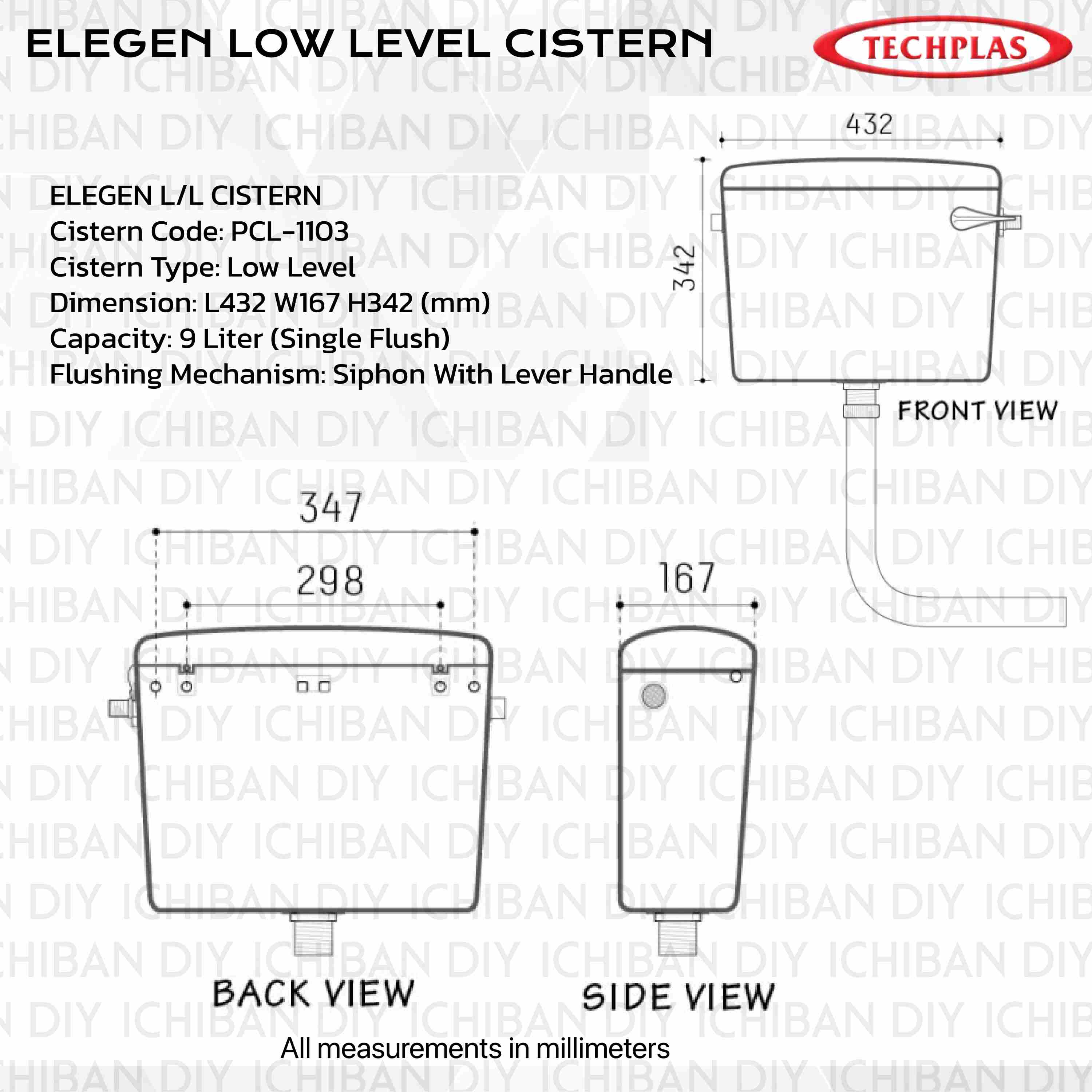 Techplas Elegen Low Level Cistern PCL-1103 Plastic Toilet Water Tank Pump Flush Pam Air Tangki ...