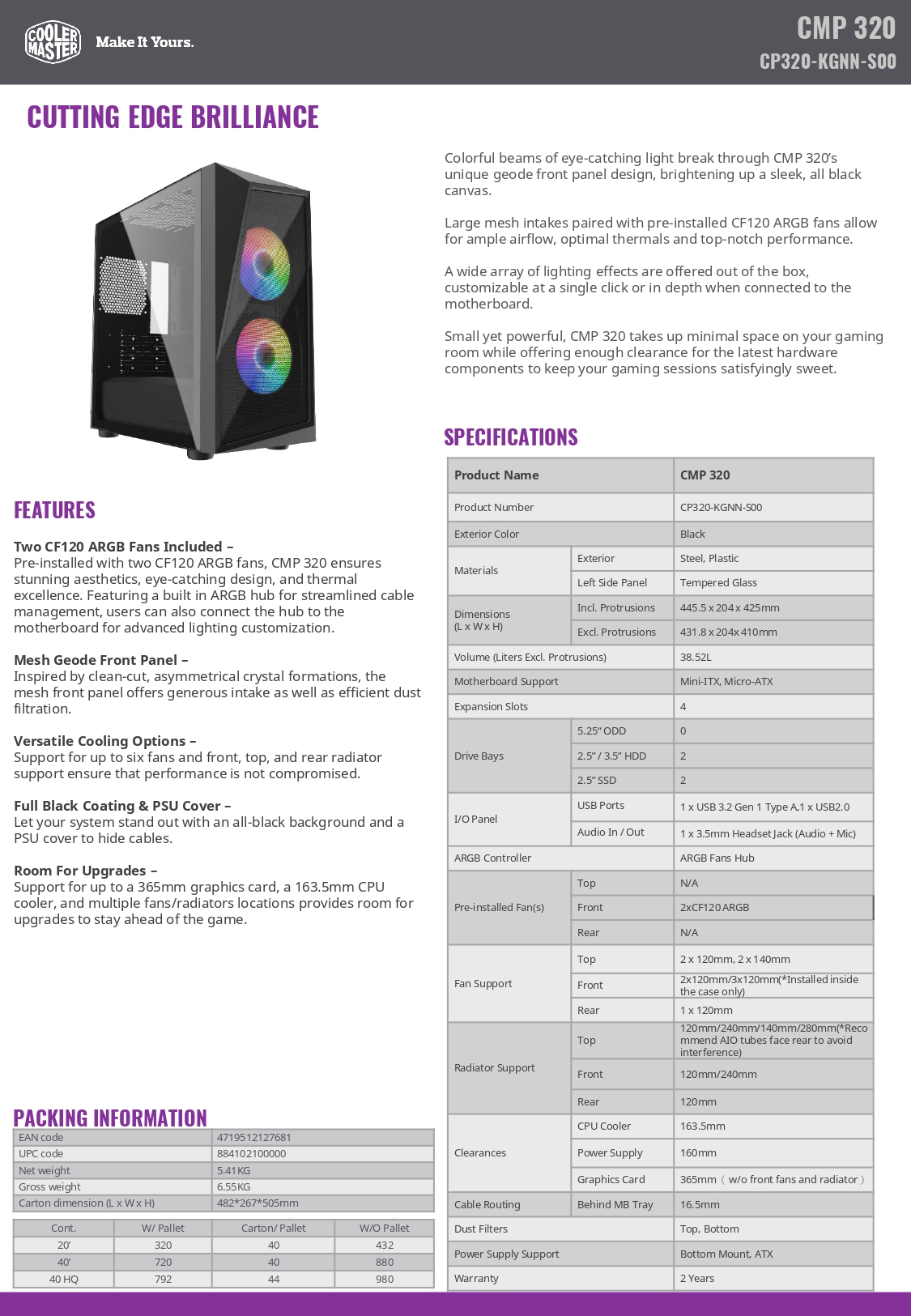 Cooler Master CMP 320 ARGB M-ATX PC Case - Black CP320-KGNN-S00/CP320 ...