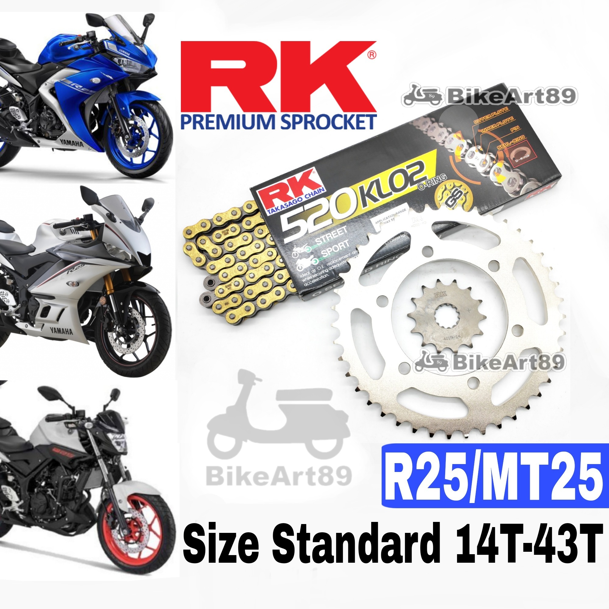RK Sprocket Set YAMAHA R25 520 RK KLO2 O-Ring Rivet Black / Gold Chain ...