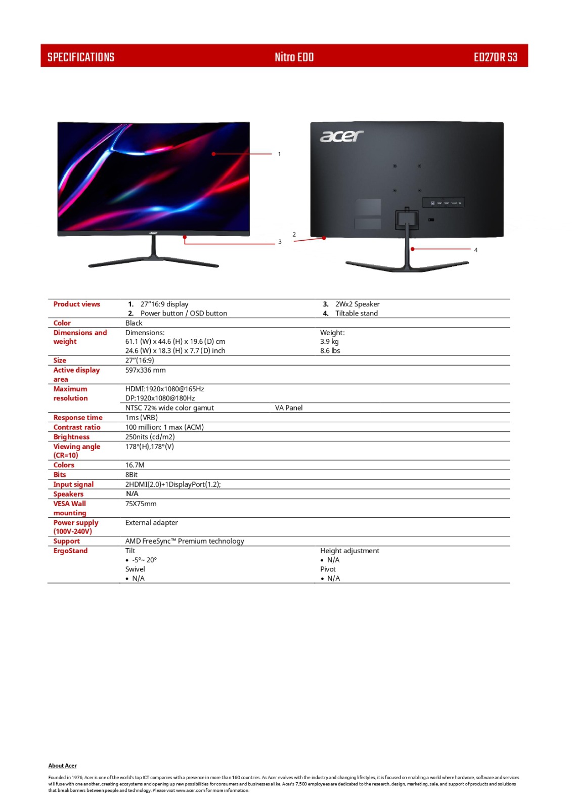 ACER Nitro ED270R X0 27" CURVED GAMING MONITOR ( 27" VA FHD 1MS / 200Hz ...