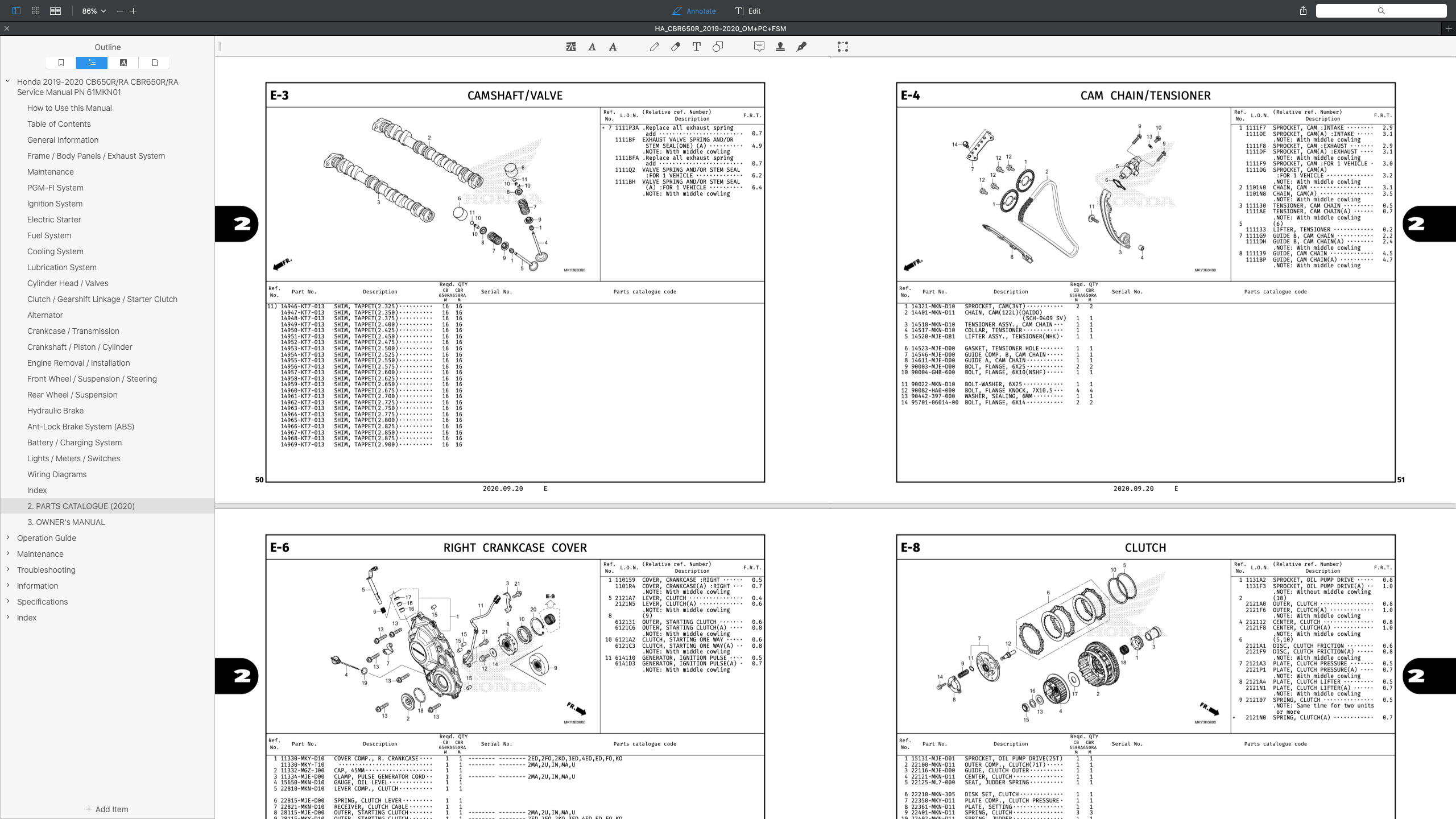 HONDA CB650R CB 650R RH01 (2019-2020) SERVICE WORKSHOP MANUAL + PARTS ...