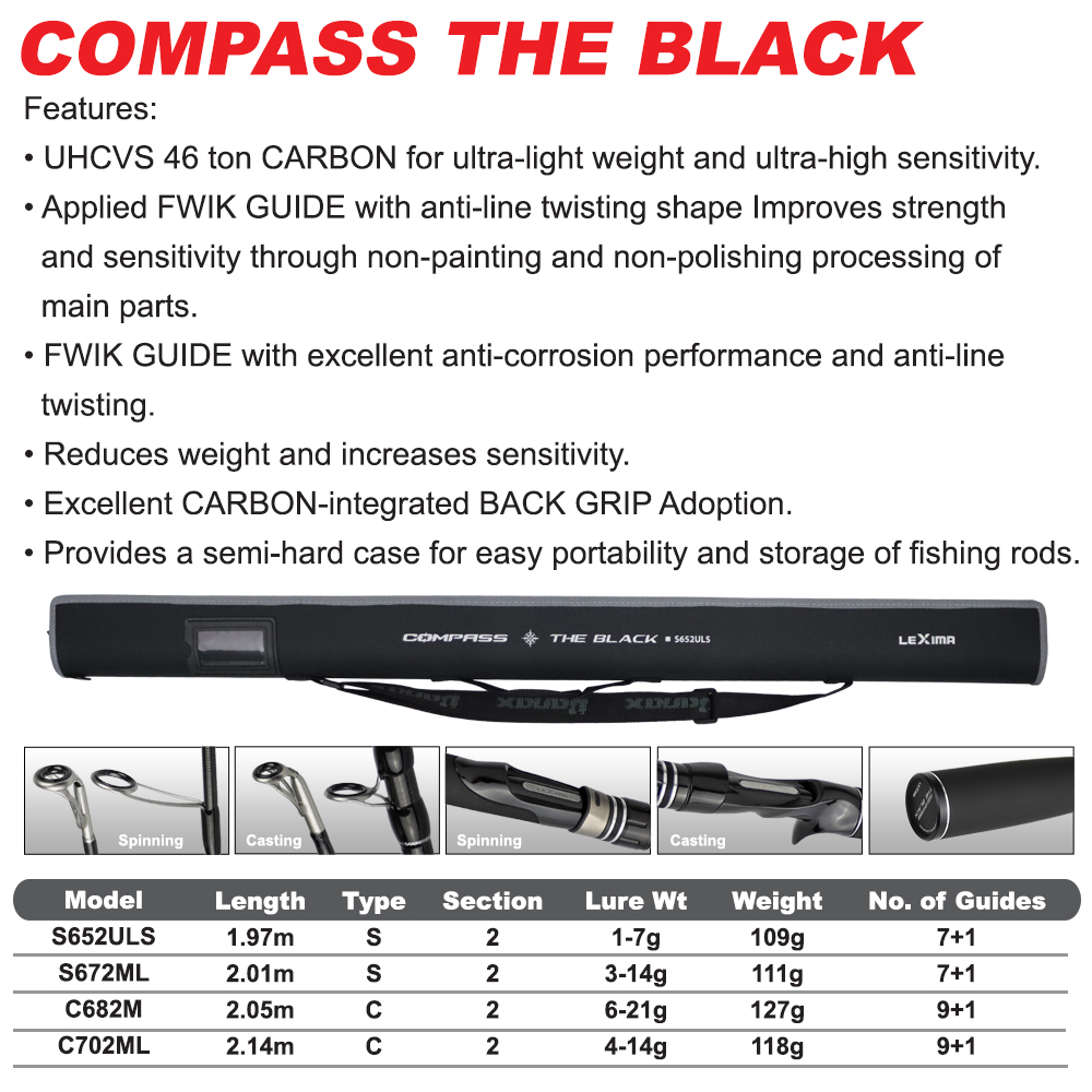 (6'5ft-7'0ft) Spinning/Casting Banax Compass The Black Fishing Rod With ...