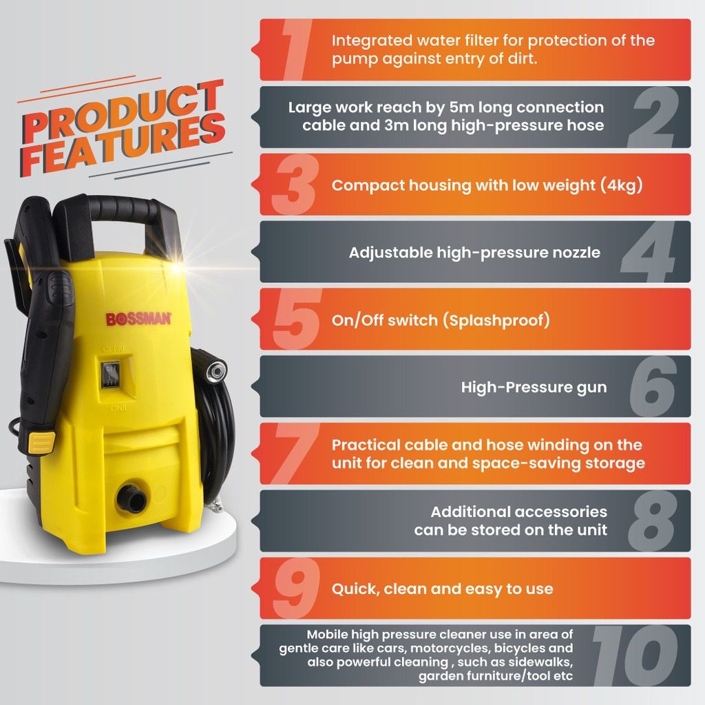 BOSSMAN BPC-117 WATER JET HIGH PRESSURE CLEANER WASHER 1400W 110BAR ...