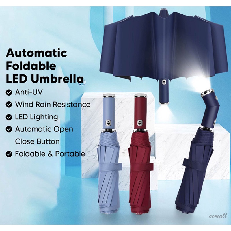Automatic UV Fashion Foldable Umbrella With LED Flashlight Auto Open ...