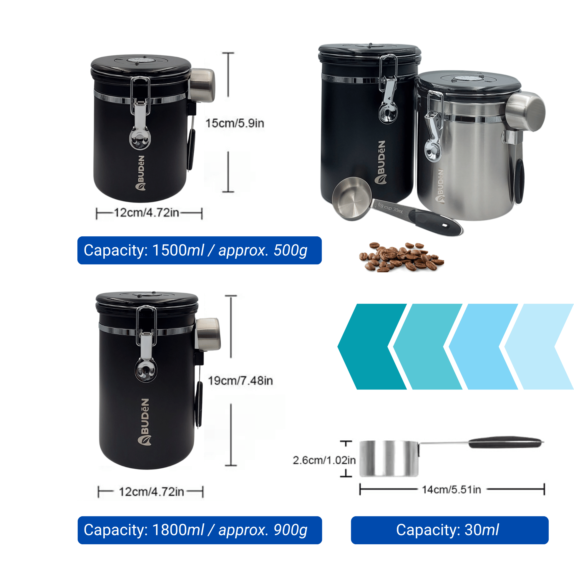 ABUDEN Coffee Bean Canister 304 Stainless Steel Airtight Coffee ...