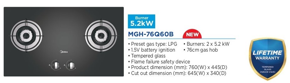 SYK MIDEA MGH-76Q60B 5.2kW Build In Glass Gas Hob Cooker Hob Gas Stoves ...