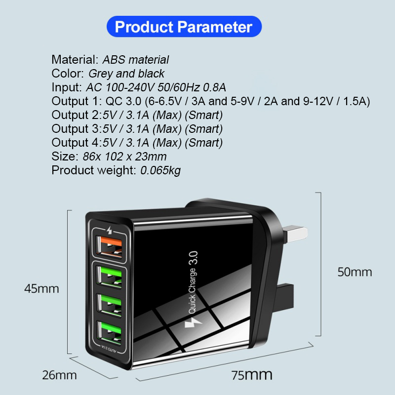 Portable Fast Charging Adapter 24W 4 USB Port Mobile Charger Adapter QC ...